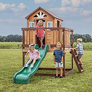 Backyard Discovery Echo Heights Elevated Cedar Playhouse, Play Kitchen, Powered Blender, Working Bell, 6 ft Wave Slide, Wrap-Around Deck, Flat Step Ladder, Growth Chart