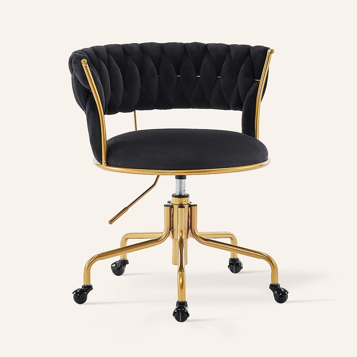 HOOLETE Velvet Desk Chair with Wheels, Modern Swivel Office Chair with Gold Base, Woven Accent Chair for Girls and Women, Vanity Chair with Back for Makeup, Black
