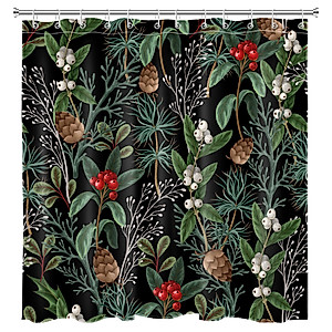 LB Black Christmas Shower Curtain Decor, Red Berries and Pine Cone Green Botanical Shower Curtain for Bathroom 72" W x 78" L Polyester Fabric Bathroom Decoration Bath Curtains Hooks Included