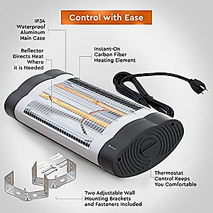 Comfort Zone Electronic Indoor/Outdoor Wall Mounted Patio Space Heater, Adjustable Thermostat, Timer, & IP34 Waterproof Rating, (Mount Hardware Included), Commercial and Residential, 1,500W, CZPH10