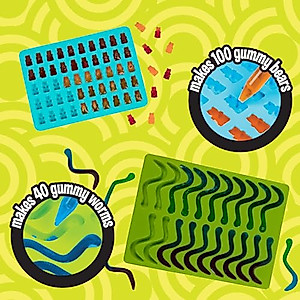 Gummy Bear & Worm Silicone Candy Molds, 4 Pack Set - Nonstick Trays with 2 Droppers for Chocolate, Ice Cubes, BPA-Free -Makes up to 62 Candies -Summer Camp Birthday Gift