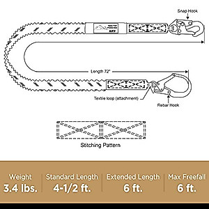 AFP 6FT Single Leg Internal Shock Absorbing Safety Fall Protection Lanyard with Pelican Rebar & Snap Hook |Heavy-Duty Webbing | Roofer, Construction, Scaffolding PPE | OSHA & ANSI Rated