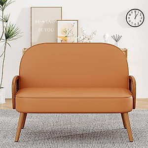 WENTMENT Loveseat Sofa Small Couch for Living Room, Faux Leather Mini Couch Love Seat with Natural Rattan Armrest and Solid Wooden Legs Small Sofa for Small Space, Bedroom, Apartment（Orange）