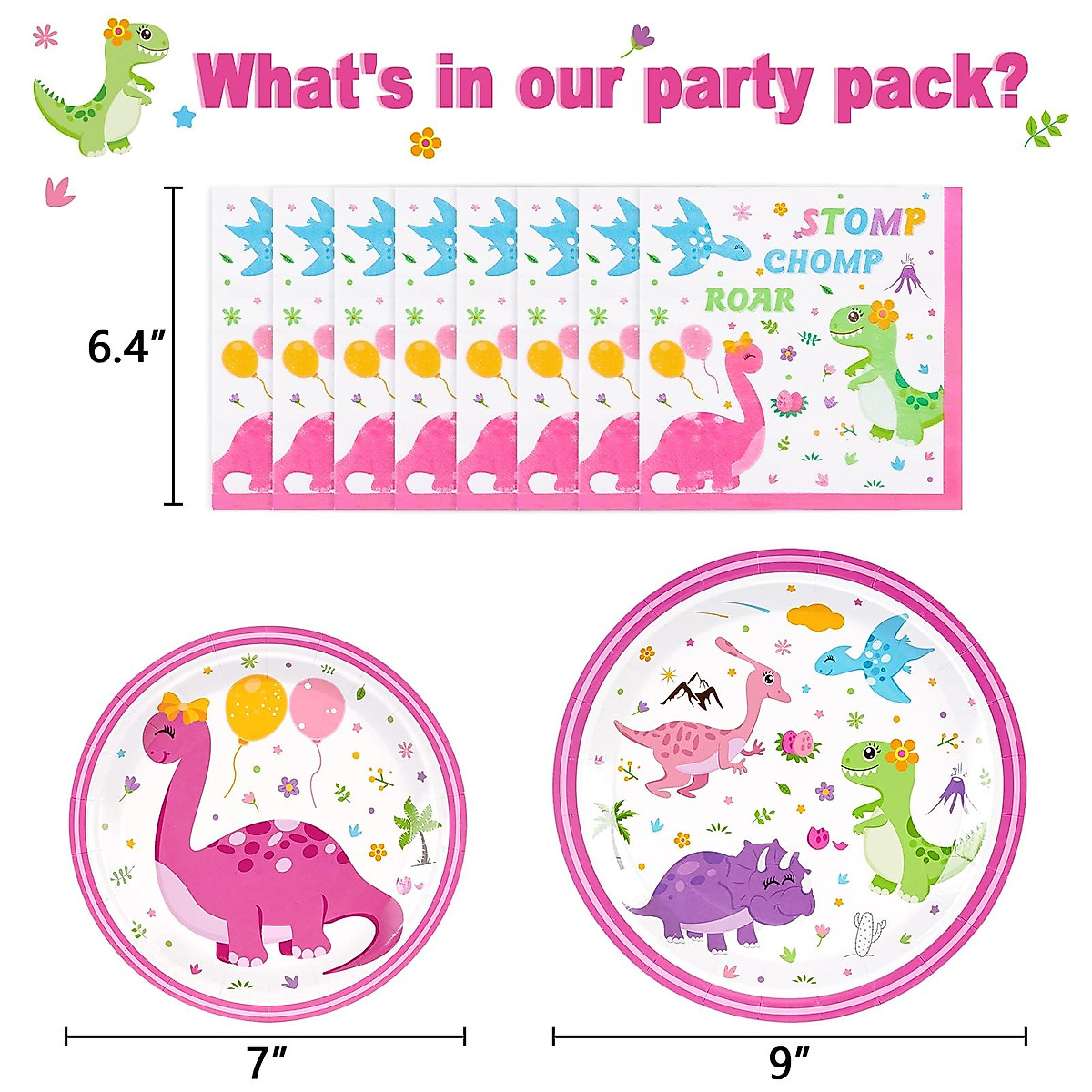 WERNNSAI Disposable Dinosaur Plates and Napkins - 48PCS Dino Party Supplies for Girls Luncheon Dinner Dessert Cake Plates Baby Shower Birthday Party Tableware Kit Serves 16 Guests