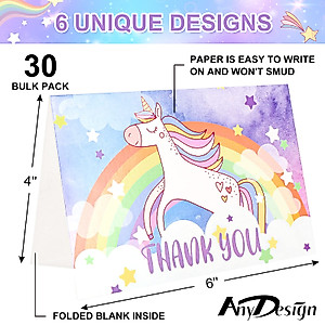 AnyDesign Thank You Cards 30 Pack Rainbow Note Cards with Matching Seal Stickers Envelopes Cartoon Greeting Blank Cards for Baby Shower Wedding Birthday Party Supplies, 4 x 6 Inch