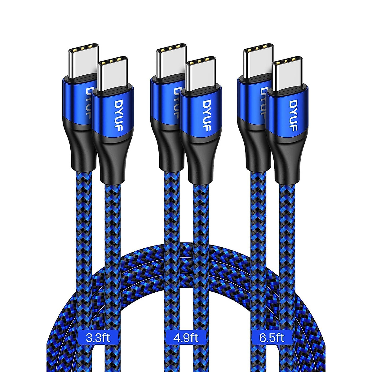 DYUF USB C to USB C Cable, 60W [3PCS 3.2ft 4.9ft 6.5ft] 3A Blue Braided High-Speed USB C Charging Cable, Compatible with Samsung Galaxy S22/S21/S20 Ultra, Note 20/10, etc