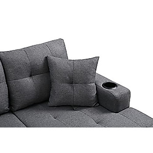BIADNBZ Reversible Sectional Chaise Lounge and Cupholders, Modern L-Shaped-Couch Corner-Sofas Set w/2 Pillows for Small Space Living Room, Grey