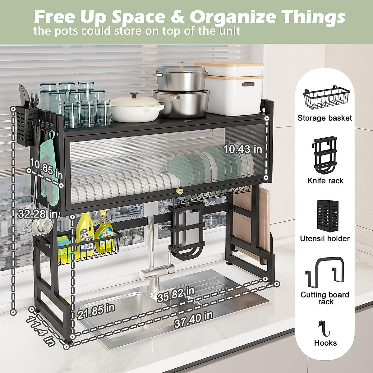 bukfen Dish Drying Rack, Over The Sink Dish Drainer Drying Rack 2 Tier Dish Rack with Cover for Kitchen (Black, Large 37.40 Length)