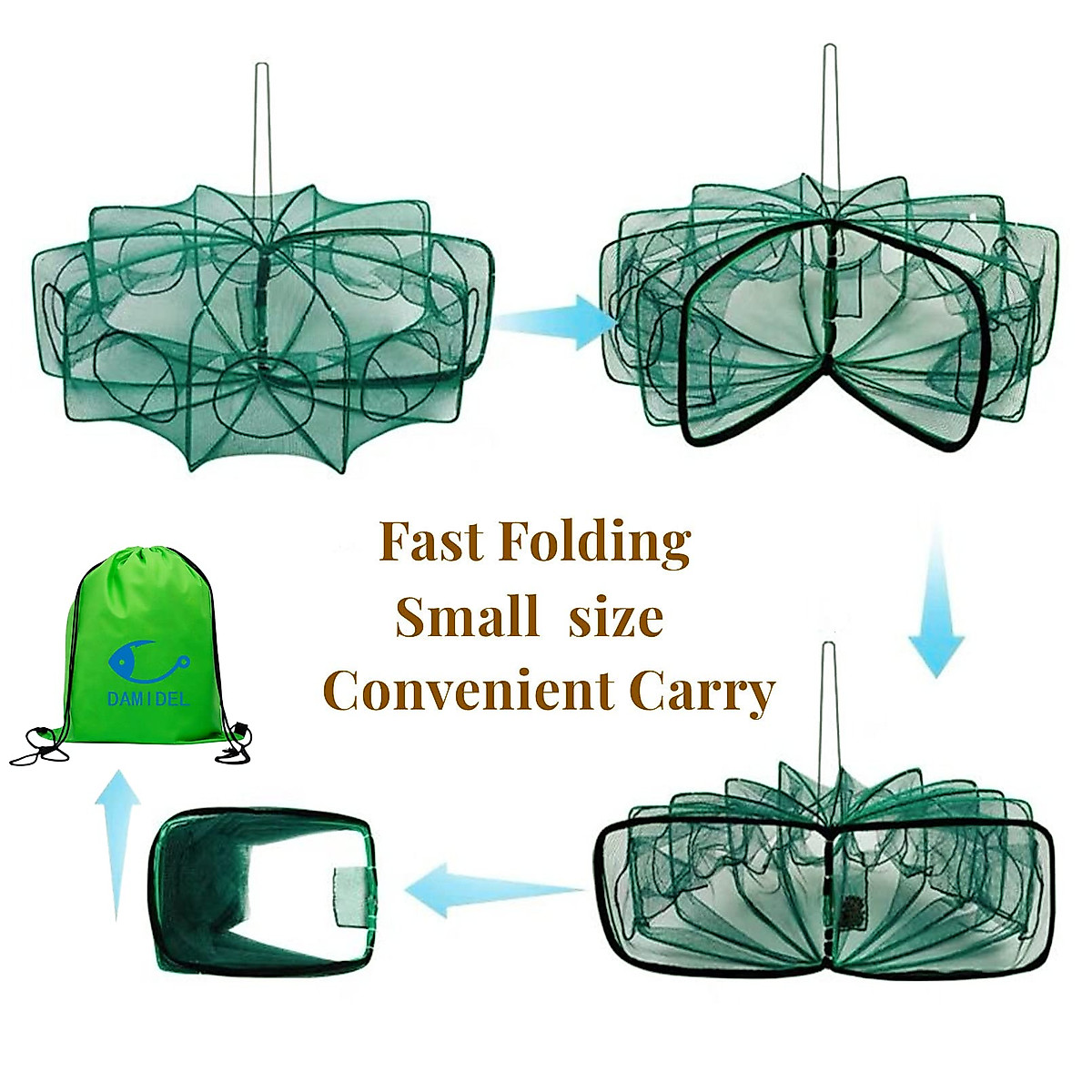 DAMIDEL 32in x 10in Folded Fishing Bait Trap, 10 Holes 10 Sides Foldable Fishing Nets for Fish/Crab/Shrimp/Crawdad, Upgrade Large Space,Bait Bag/Bait Box/Rope/Storage Bag