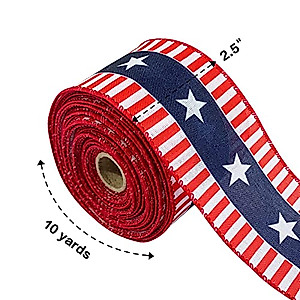 4th of July Patriotic Ribbons 2.5 Inch ×10 Yards, Memorial Day Wired Edge Ribbon Blue Red Burlap Ribbons American Stars Stripe Ribbon Bows for Gift Wrapping American Memorial Day Decorations
