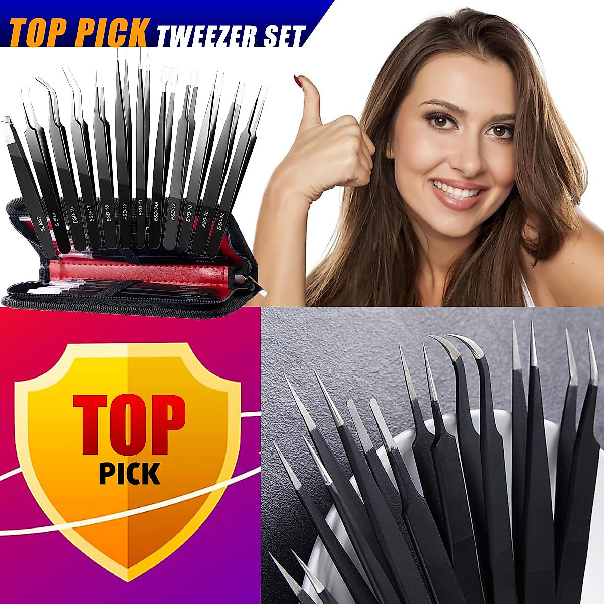 Antonki 12 Pack Tweezers, Precision Tweezers Set, Craft Tweezer Kit, Soldering Tweezers, Jewelry Tweezers, Pointed Ingrown Hair Tweezers, Eyelash Extension Tweezers, Eyebrow Tweezers - with Case