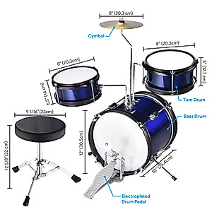 AW 12" 3 Piece Drum Set Kit with Bass Drum Cymbal 4Pcs Drumstick Pedal Throne Stool Age 8-12 Kids Beginner Drum Set
