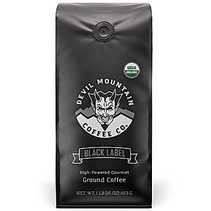 Devil Mountain Coffee Black Label Dark Roast Ground Coffee, Strong High Caffeine Coffee Grounds, USDA Organic, Fair Trade, Gourmet Artisan Roasted, Strongest Coffee in the World, 16 oz Bag