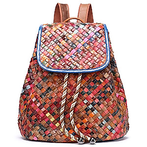 MASIWEI Genuine Leather Patchwork Backpack Purse for Women Multicolor Cute Large Capacity Bookbag with Drawstring Design