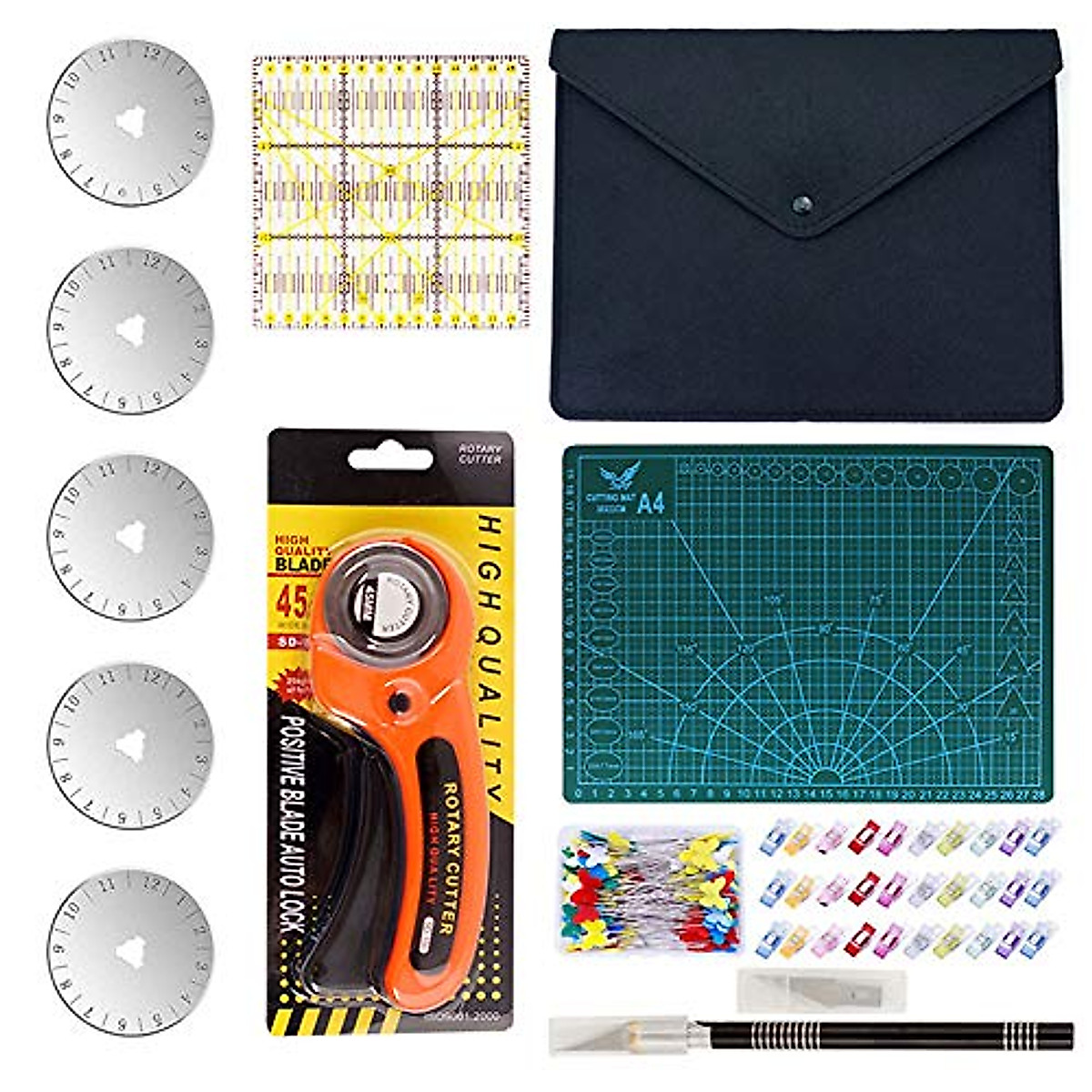 Swiftrans 90 PCS Rotary Cutter Kit, 45mm Rotary Cutter Tool Kit with 5 Extra Blades, A4 Cutting Mat, Patchwork Ruler, Carving Knife, Storage Bag Ideal Craft Supplies Set for Fabric Sewing and Quilting
