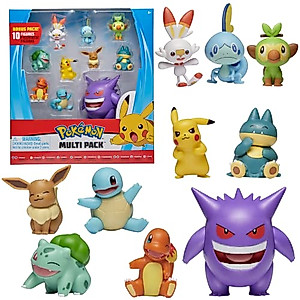 Pokémon Ultimate Battle Multi 10 Pack Action Figures - Gengar, Pikachu, Charmander, Squirtle, Bulbasaur, Eevee, Sobble, Grookey, Scorbunny & Munchlax - Official Authentic Details