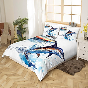 Marlin Swordfish Comforter Cover Tie Dye Duvet Cover Sets Hunting And Fishing Bedding Set For Kids Boys Girls Sea Fishing Boat Marine life Nautical Quilt Cover With 2 Pillow Cases Queen Size Blue
