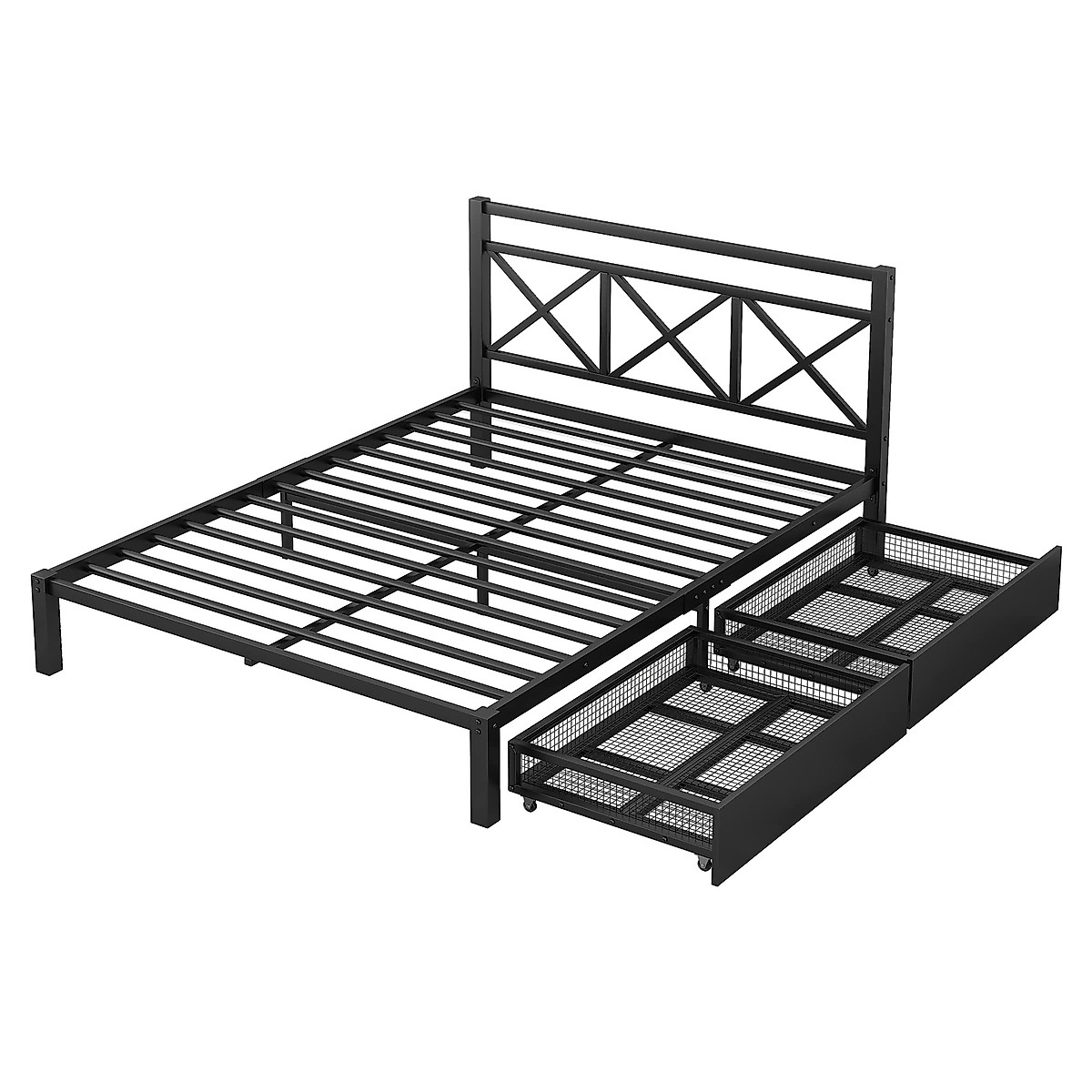 Bellemave Queen Bed Frame with 2 Storage Drawers, Queen Size Metal Platform Bed with Headboard, Noise-Free, No Box Spring Needed, Black, Black With Drawers