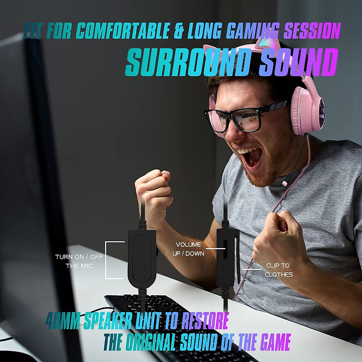 MIDOLA Gaming Wired AUX 3.5mm Cat Ear Headphone Over Ear LED Light Fit Adult & Kids Girl Boy Foldable Stereo Headset Earmuffs with Mic for PC PS4 Game Cellphone Laptop Pad Pink