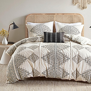 Madison Park King Duvet Cover Set, Boho Duvet Cover with Chenille Trims King Bedding Cover, All Seasons, Microfiber Bedding King Size, Pillow & Shams, Ibiza, King/Cal King, Black/Ivory 4 Piece