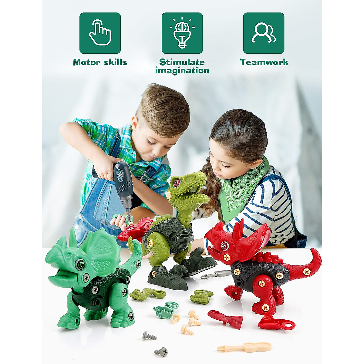 EduCuties Dinosaur Toys for Kids 3-5, Take Apart Dino Games for Boys Girls Age 5-7, Construction Building Educational STEM Sets with Electric Drill for Children Birthday Present