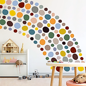 Colorful Polka Dots Wall Decals Boho Rainbow Wall Stickers Removable Peel and Stick Round Circle Decal Neutral Wall Art for Kids Girls Nursery Bedroom Bathroom Classroom Playroom Living Room Decor