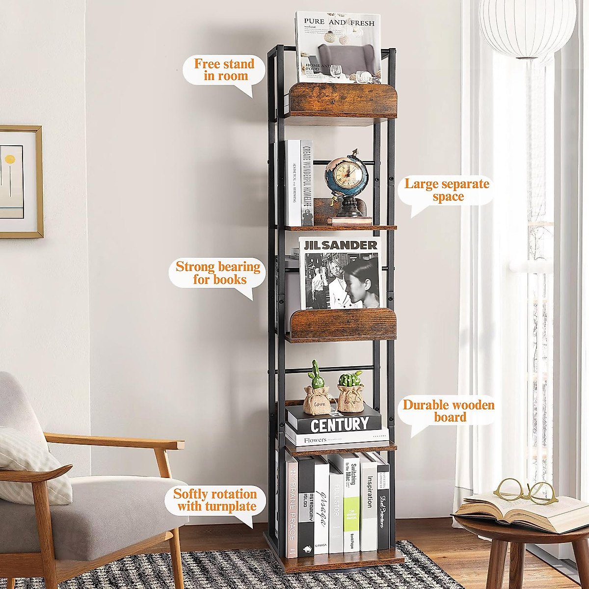 Bikoney Bookshelves 5-Tier, Rotating Bookshelf Tower for Corner, Small Bookcase, Tall Industrial Bookshelf, Narrow Bookshelf, Wood and Metal Black