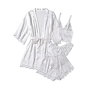 WDIRARA Women' Silk Satin Pajamas Set 4pcs Lingerie Floral Lace Cami Sleepwear with Robe Snow White M