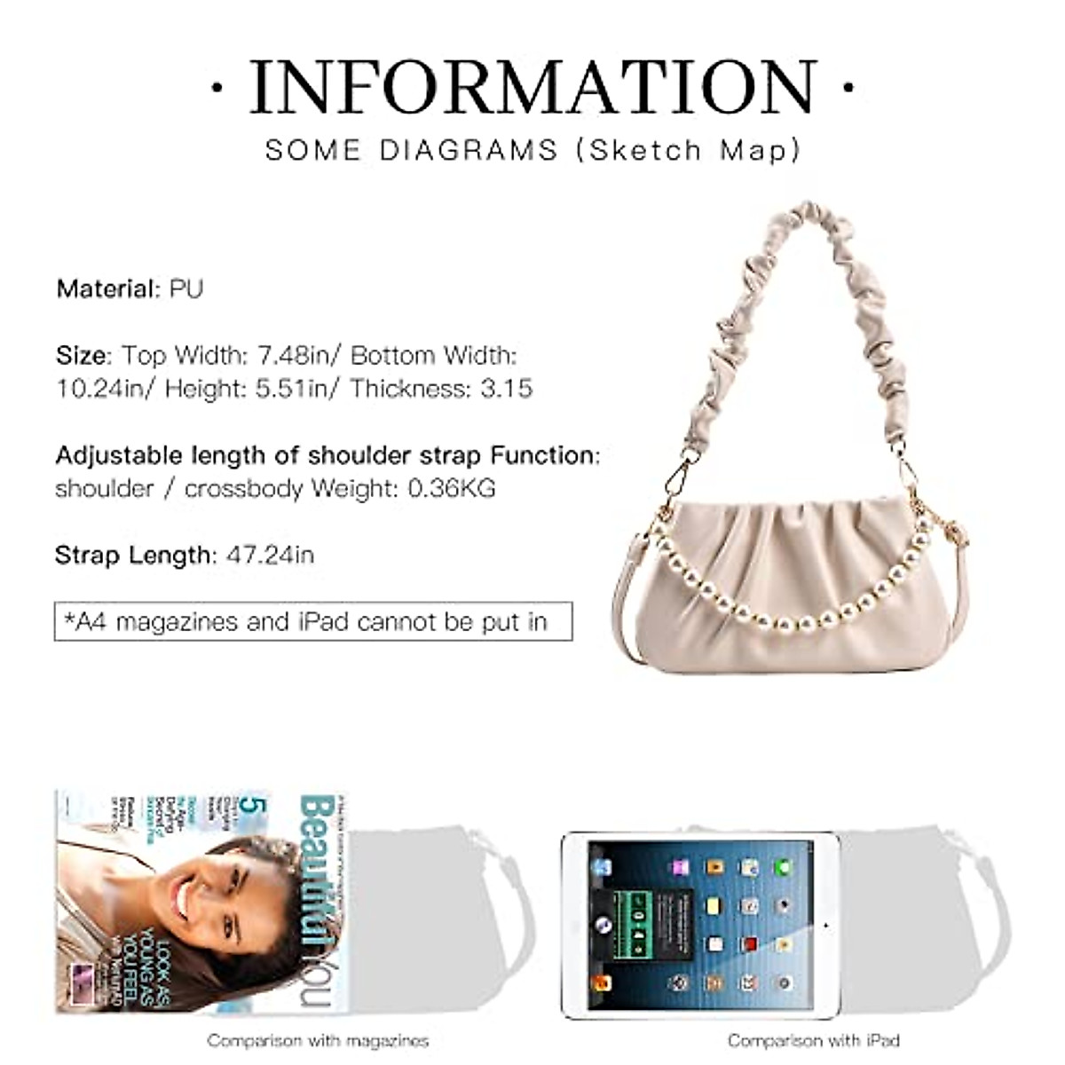 Clutch Purse Evening Shoulder Pleated Bag for Women Fashionable Tote Crossbody Handbags with Beaded Design Strap (White)