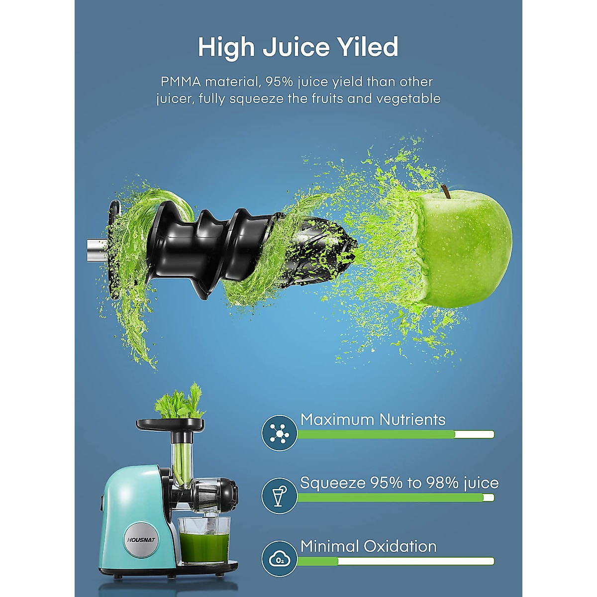 Juicer Machines, HOUSNAT Professional Celery Slow Masticating Juicer Extractor Easy to Clean, Cold Press Juicer with Quiet Motor and Reverse Function for Fruit & Vegetable, Brushes & Recipes Included