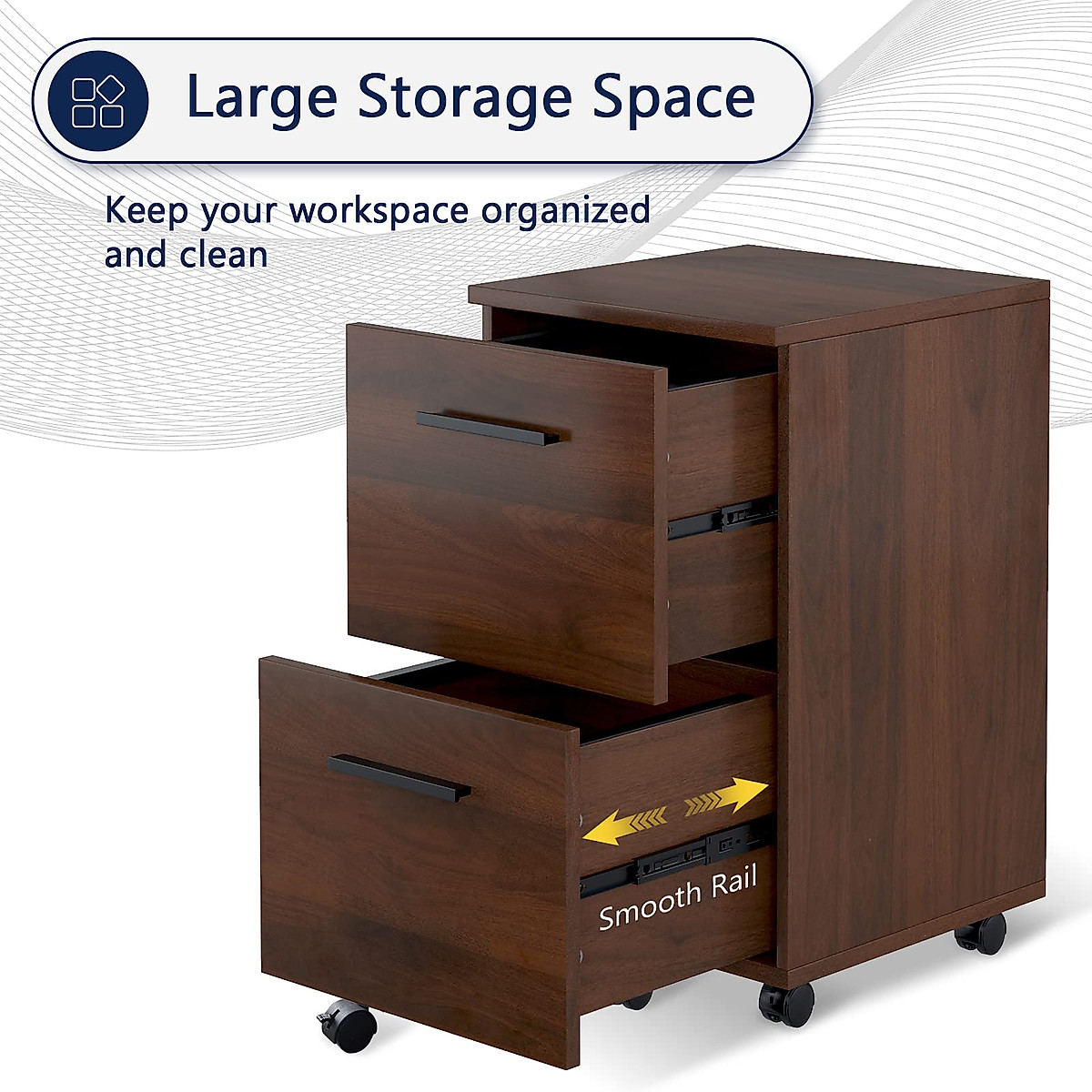 VICLLAX 2 Drawer Mobile File Cabinet, Vertical Filing Cabinet with 5 Wheels Fits Legal/Letter/A4 File Size for Home Office,Walnut