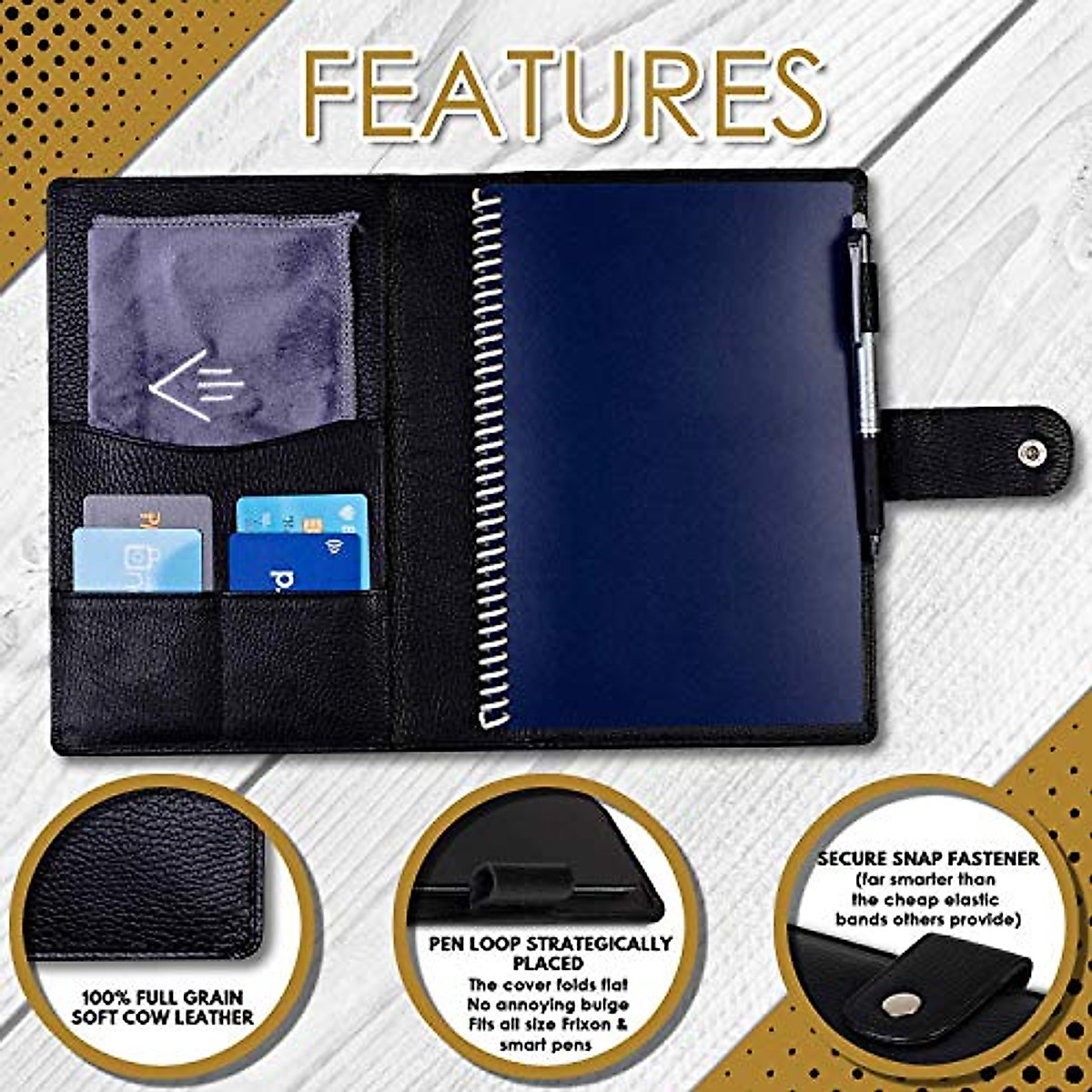 Genuine Leather Folio Cover Compatible with Rocketbook Everlast, Wave, Fusion, Panda | A5 Size Portfolio Organizer with Pen Loop | Fits Executive A5 Size Notebook 6" x 8" | Black