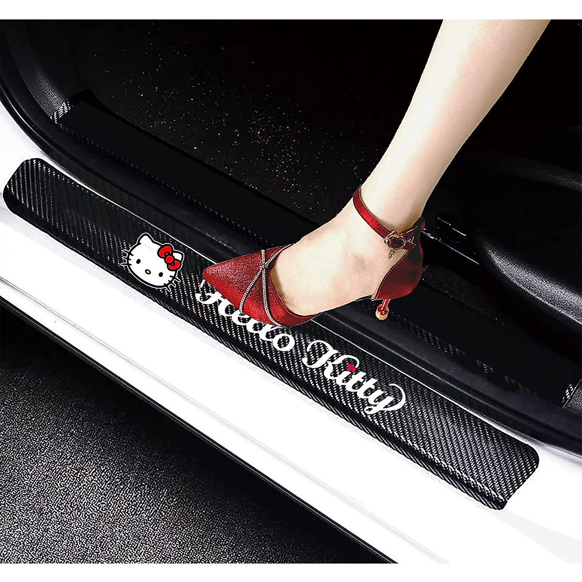 for Hello Kitty Fans Car Door Edge Guards Door Sill Protective Sticker,4PCS Carbon Fiber Car Door Threshold Step Protective Film,Car Door Step Scratch Protector,Universal Fit for Toyota Jeep Audi