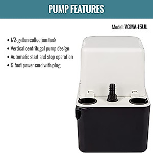 Little Giant VCMA-15UL 115 Volt, 65 GPH, 1/50 HP Automatic Condensate Removal Pump (no safety switch), Black/White, 554401