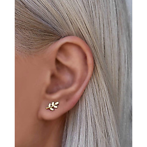 14K Gold Plated 925 Sterling Silver Small Cubic Zirconia Leaf Earrings Hypoallergenic Cute Dainty Mothers Day Stud Earrings for Women Sensitive Ear