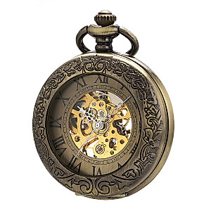 ManChDa Mechanical Pocket Watch, for Men Women Special Magnifier Half Hunter Double Open Engraved Case Roman Numerals with Chain + Box Bronze