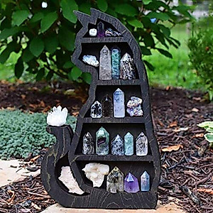 Cat in The Moon Crystal Wooden Shelf,Cat-Shaped Crystal Wooden Shelf, Multipurpose Storage Rack, Bed Room Display Crystals Stone, for Small Plant and Art Gothic Room Ornaments