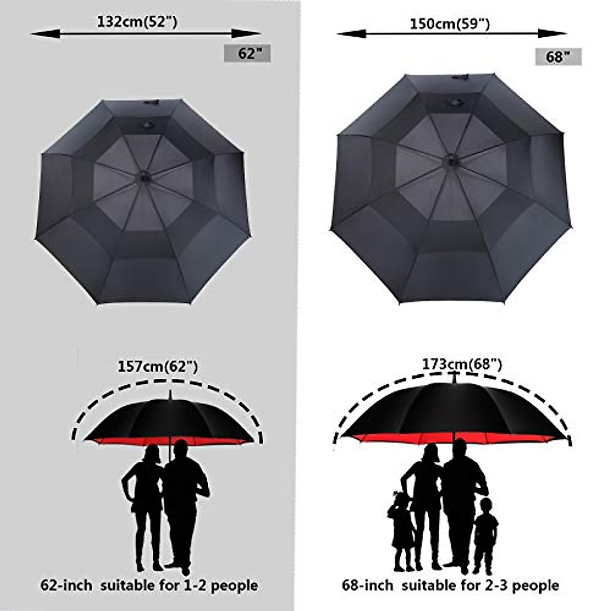 MRTLLOA 6 Pack 62/68 Inch Automatic Open Golf Umbrella, Extra Large Oversize Double Canopy Vented Windproof Waterproof Stick Umbrellas for Rain(62 Inch, Black)