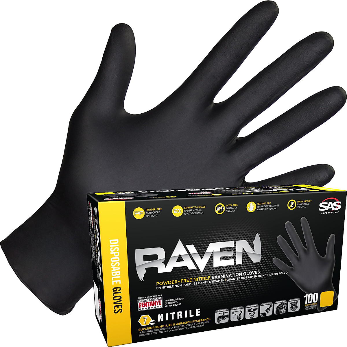 SAS Safety 66516 Raven Powder-Free Nitrile Gloves, Medium , Black
