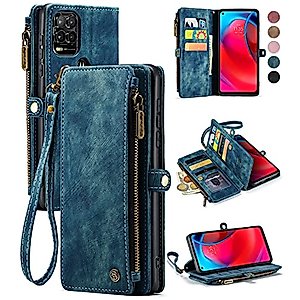 Defencase Moto G Stylus 5G Case (2021), Moto G Stylus 5G Case Wallet for Women Men, Durable PU Leather Magnetic Flip Strap Zipper Card Holder Phone Case for Motorola Moto G Stylus 5G, Blue-Green