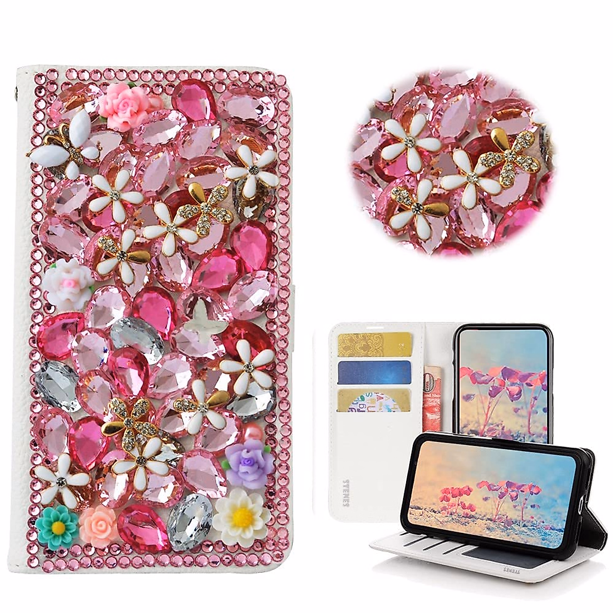 STENES Bling Wallet Phone Case Compatible with Samsung Galaxy Z Fold 2 5G - Stylish - 3D Handmade Flowers Floral Design Leather Girls Women Cover with Neck Strap Lanyard [3 Pack] - Pink