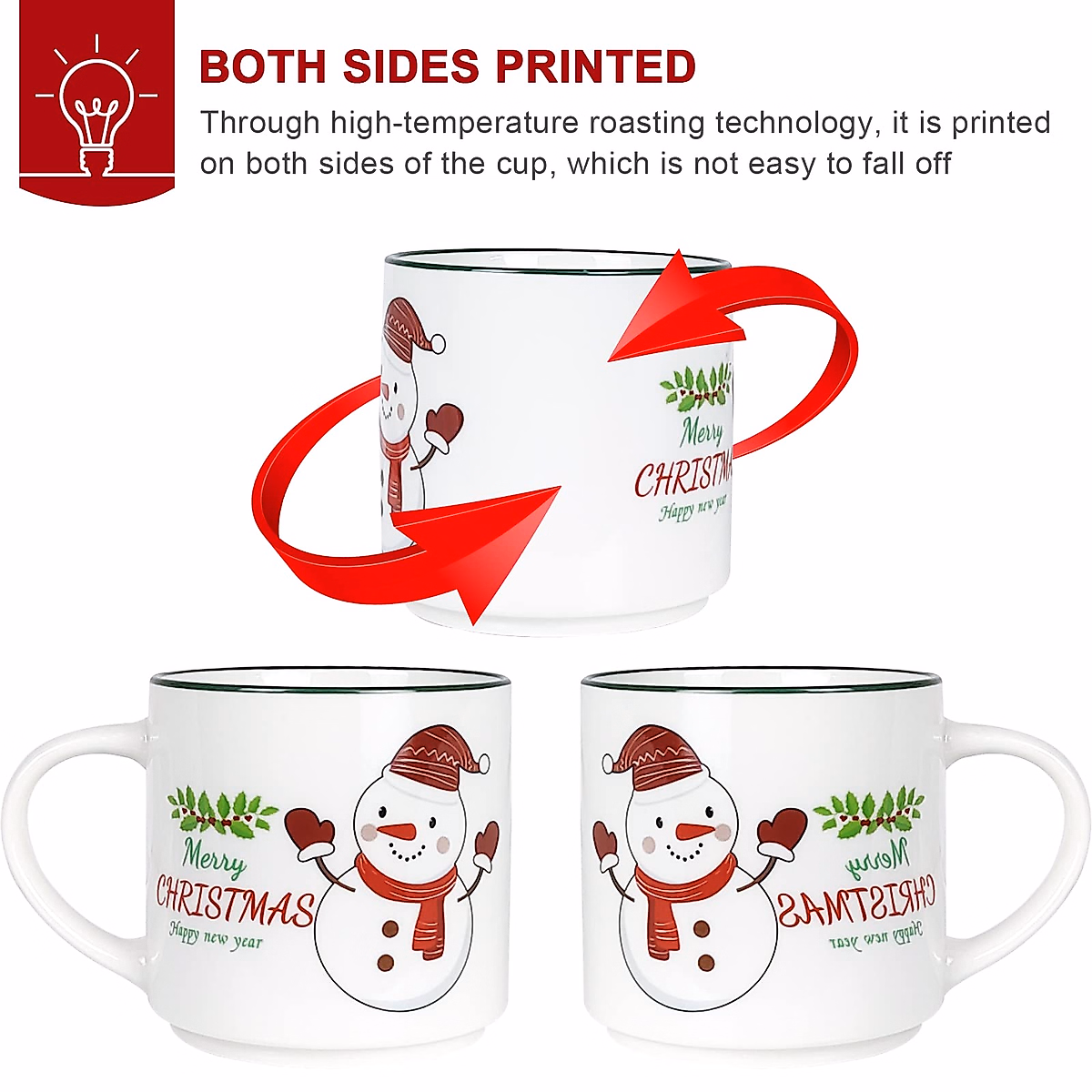 QIKSION Christmas Mugs Set of 6, 14oz Cute Ceramic Coffee Mugs, Stackable Christmas Coffee Mugs as Christmas Gifts for Family, Friends and Colleagues