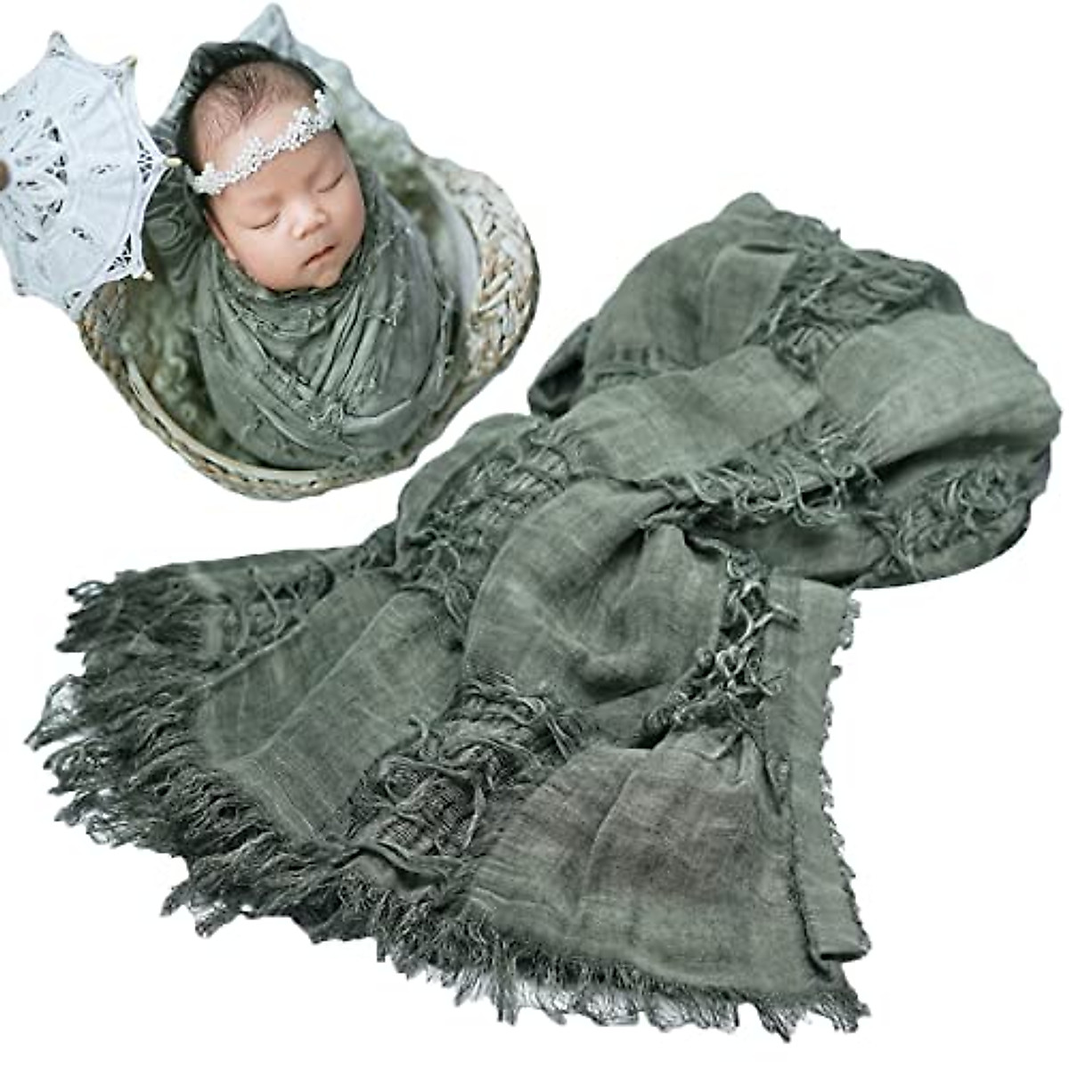 Zeroest Newborn Photography Vintage Wrap Newborn Photography Props Fringed Texture Wraps Infant Baby Photoshoot Outfits Posing Blanket (Green)