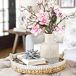 Decorative White Ceramic Vase Two-Tone Boho Flower Vase with Handle Pottery Bud Jug Vase for Flower Arrangement Glazed Rustic Farmhouse Floral Vase for Table Centerpieces