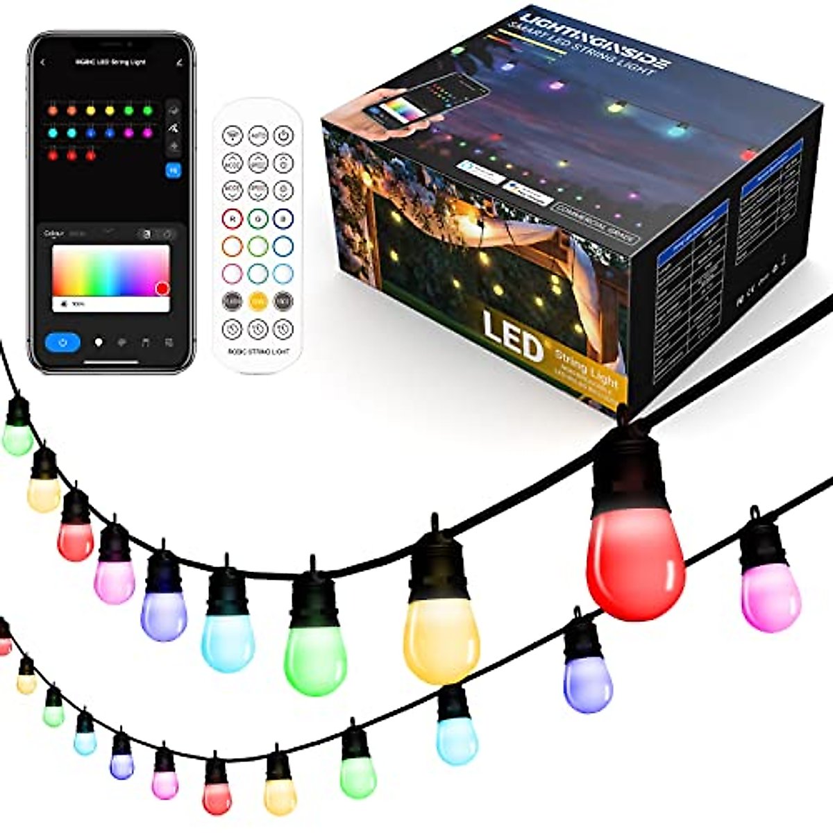 Smart Outdoor String Lights - 2700K Warm White IC+ RGB, Compatible with Alexa/Google Assistant, Dream Color String Lights, APP Remote, Patio Light, 2.4GHz WiFi