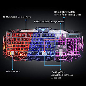 BlueFinger Gaming Keyboard Mouse Headset Combo,USB Wired Crack Backlit Keyboard,114 Keys Letters Glow LED Keyboard,Red LED Light Headset for Laptop PC Computer Work and Game