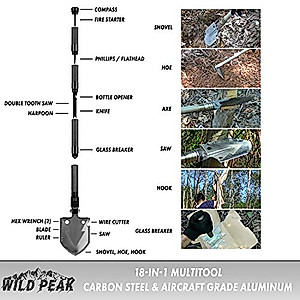 Wild Peak APEX1 18-in-1 Multitool Steel Emergency Shovel with Carrying Pouch for Survival, Military, Camping, Hiking, Climbing, Bug-Out Bag, Backpacking (Black)