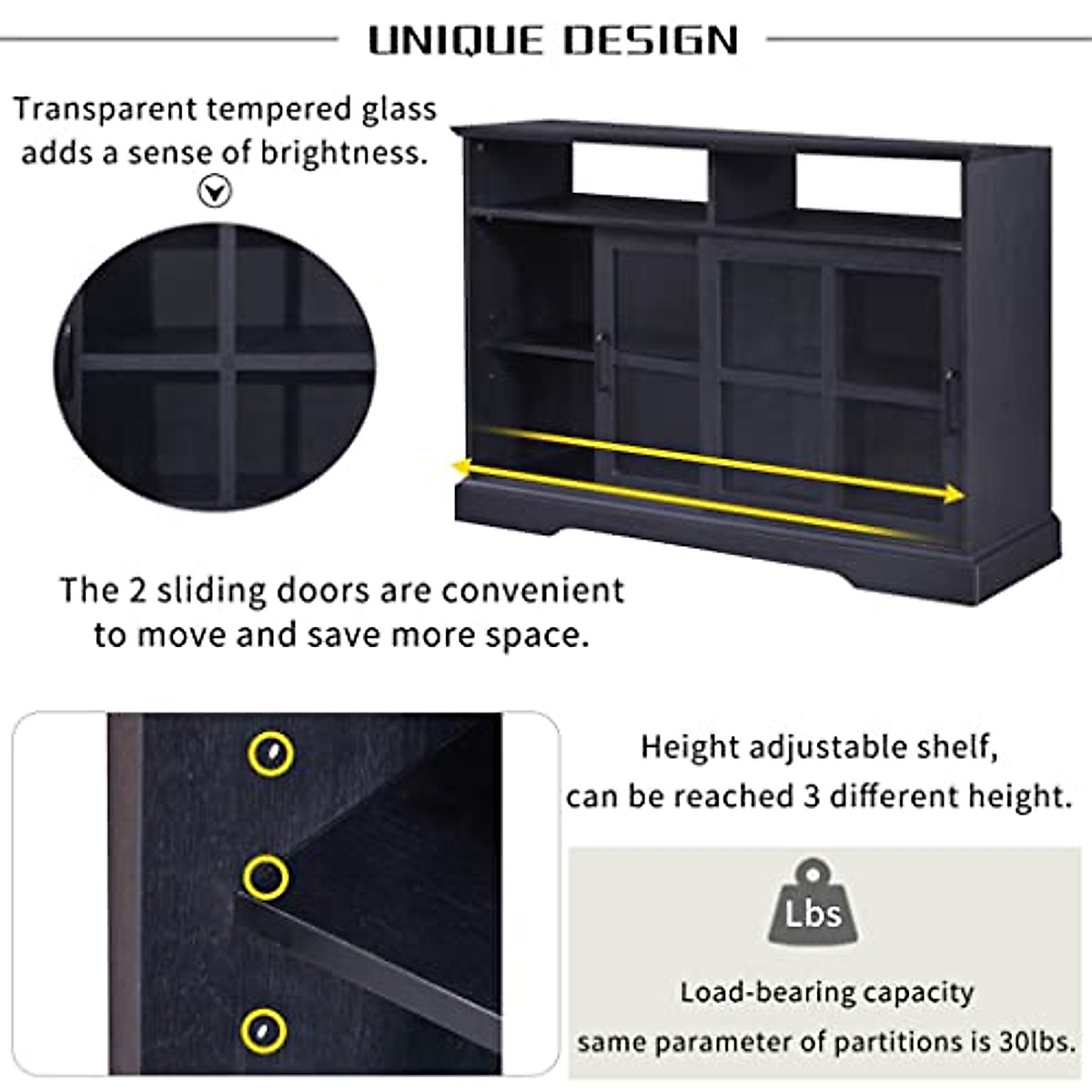 SEASD Kitchen Sideboard Buffet with 2 Glass Sliding Doors and Adjustable Shelves Storage Cabinet for Dining Room