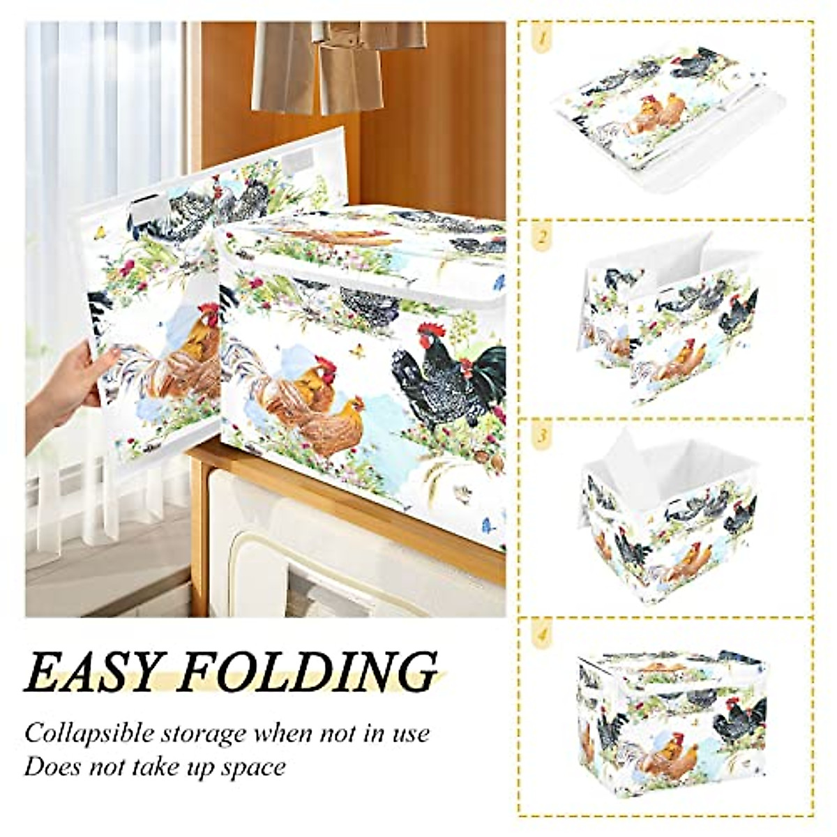 Kigai Rooster Pattern Storage Bins with Lids and Handles 17x13x12 In Foldable Fabric Storage Basket Toys Clothes Organizer for Shelves Closet Home Bedroom Office