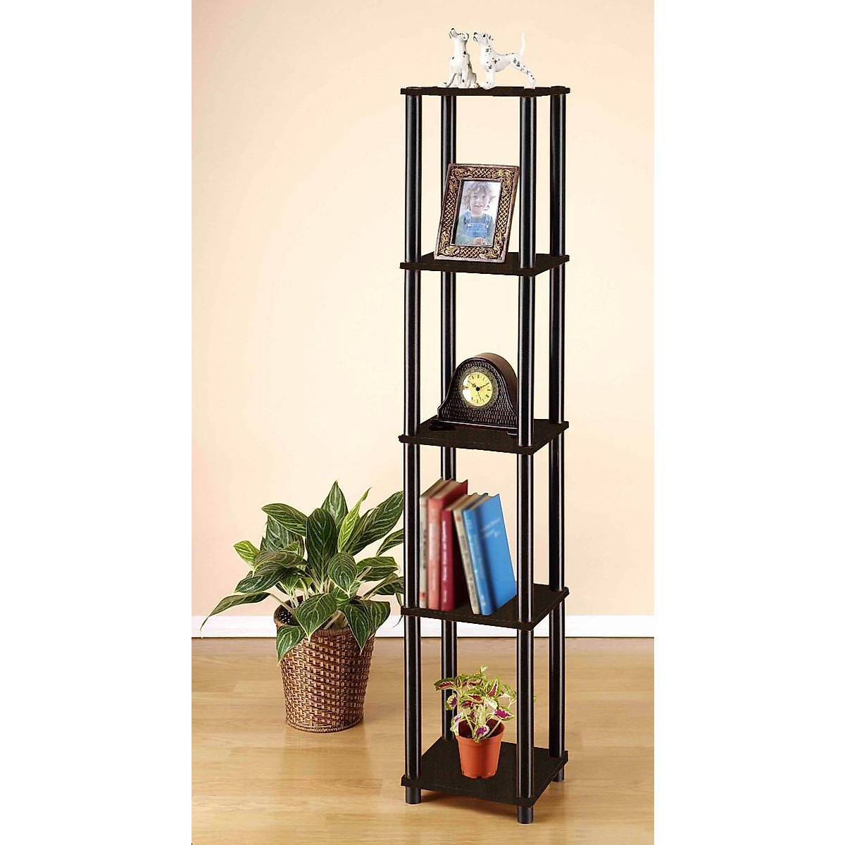 FURINNO Turn-N-Tube 5-Tier Corner Square Rack Display Shelf, Round, Black/Grey
